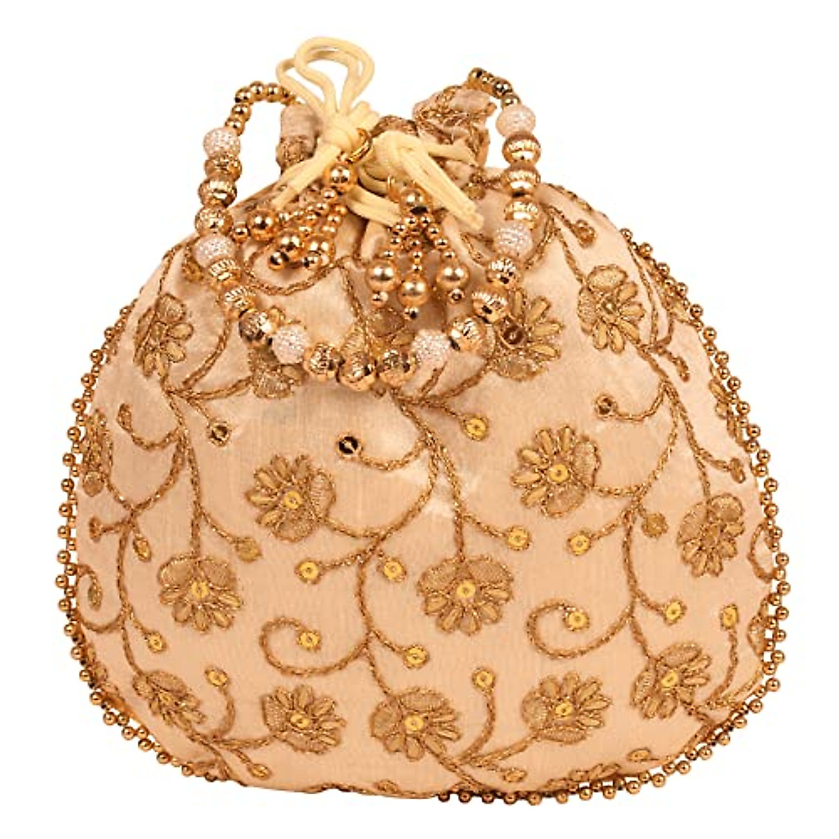 Indtresor beaded handcrafted embroidered evening purse drawstring handbag vintage party wedding gift for women. Golden