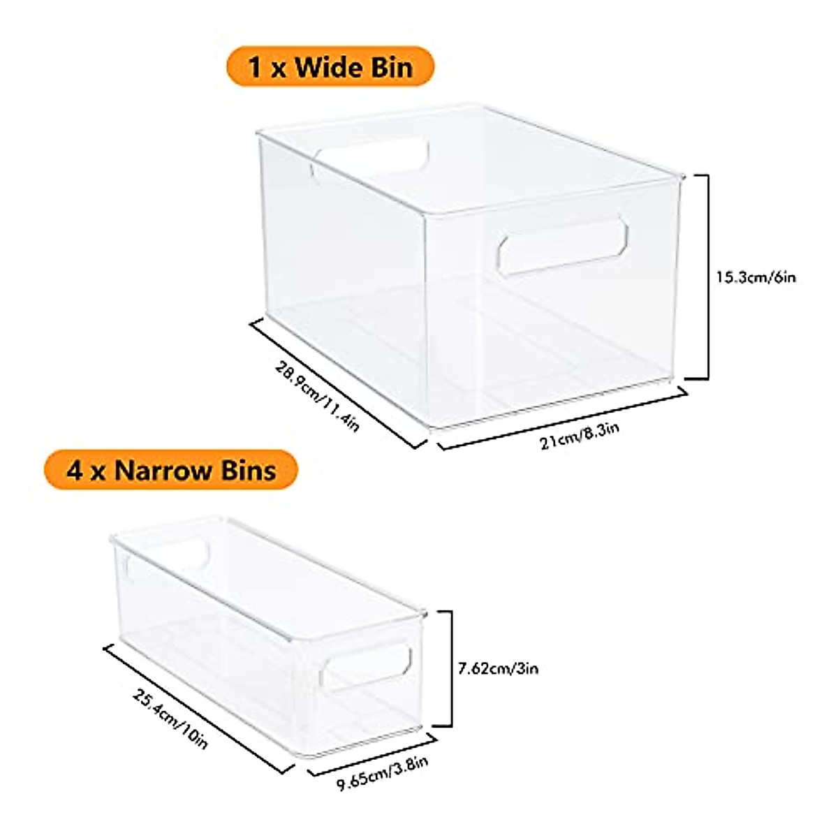 elabo Refrigerator Organizer Bins, Stackable Food Storage Bins for Kitchen, Cabinet, Freezer, Fridge, Pantry Organization, 5 Pack, Include 1 Wide and 4 Narrow Bins, Clear Plastic BPA Free