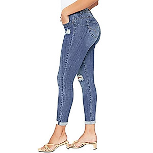 YMI Junior Women’s Wannabettabutt 2 Button Mid Rise Distressed Cuffed Denim Jeans(Medium wash Denim,11)