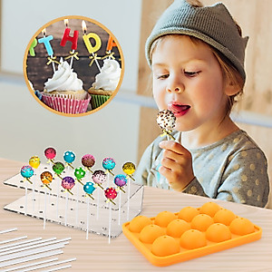 Silicone Cake Pop Mold Set, 12 Cavity Lollipop Maker Kit, 100pcs Cake Pop Stick,15-Hole Acrylic Lollipop Holder for Baking Lollipop, Hard Candy, Cake and Chocolate (Orange)