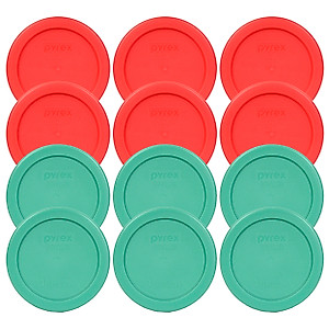 Pyrex 7202-PC 1 Cup (6) Green (6) Red Round Plastic Food Storage Lids Made in the USA