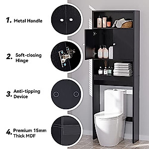 Hcman Over The Toilet Storage Cabinet - 77" H Over Toilet Bathroom Cabinet Organizer with Open Shelves and Double Doors, Black