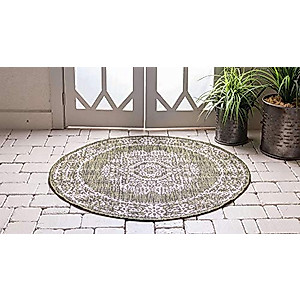 Unique Loom Outdoor Traditional Collection Area Rug - Timeworn (4' 1" Round, Green/ Gray)
