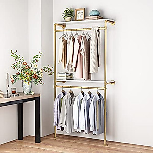 DR.IRON Gold Pipe Clothing Racks with 2 Tier Shelves, Wall Mounted Gold Clothes Rack with Double Hanging Rods Heavy Duty Garment Storage Rack Display Racks Rod for Clothes,Laundry Room