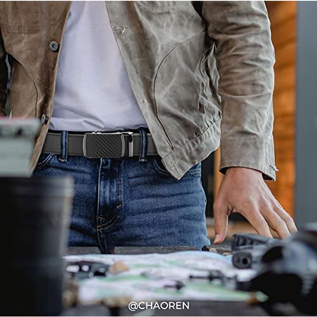 CHAOREN Ratchet Belt for Men - Mens Belt Leather 1 3/8" for Casual Jeans - Micro Adjustable Belt Fit Everywhere