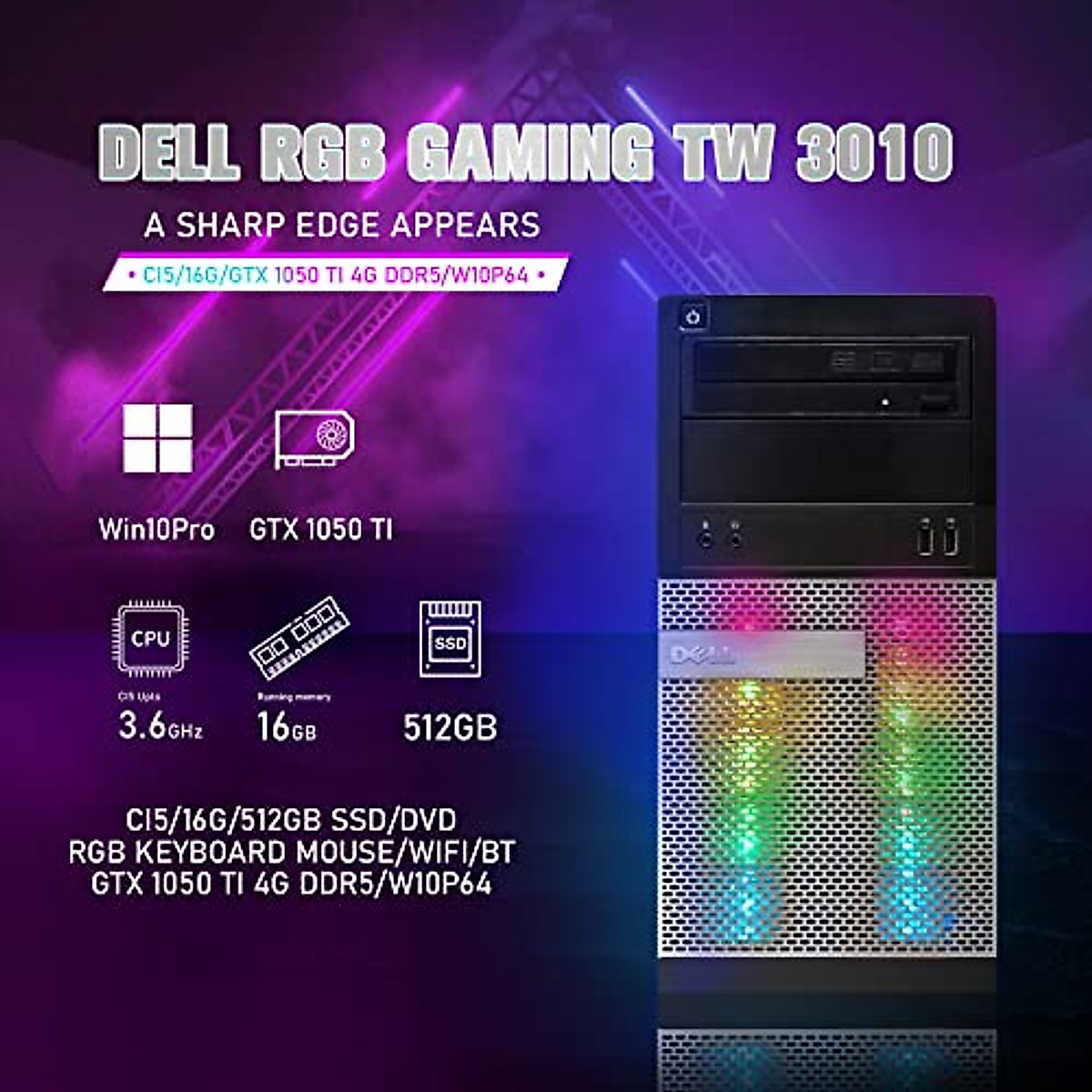 Dell RGB Gaming Desktop PC, Intel Quad I5 up to 3.6GHz, 16GB RAM, GeForce GTX 1050 Ti 4G GDDR5, 512G SSD, DVD, WiFi & Bluetooth, RGB Keyboard & Mouse, Win 10 Pro (Renewed)