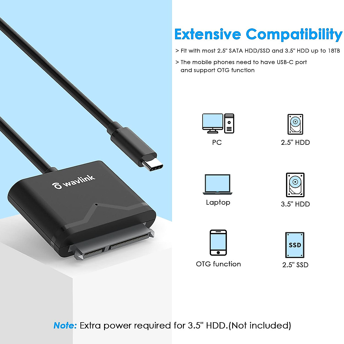 WAVLINK SATA to USB C Adapter Cable, USB-C (Thunderbolt 3) to SATA III Hard Driver Adapter Compatible for 2.5" SSD and HDD Hard Drive 5Gbps SATA III UASP