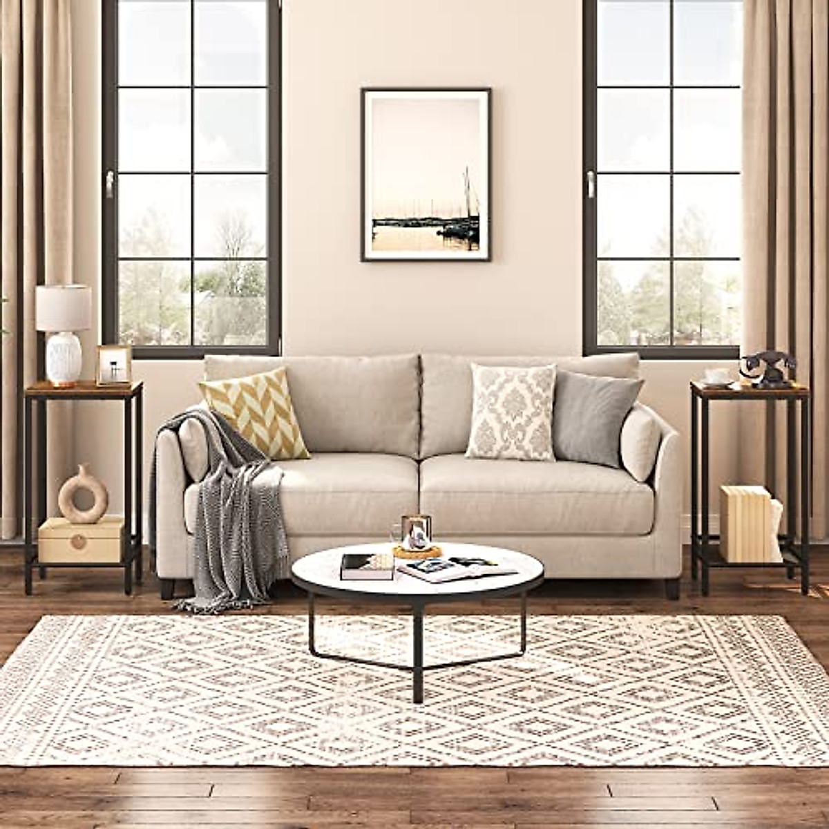 HOOBRO Tall Side Table, Industrial End Telephone Table with Adjustable Mesh Shelves, Small Entryway Table, Laptop Table for Office, Hallway, Living Room, Rustic Brown and Black BF03DH01