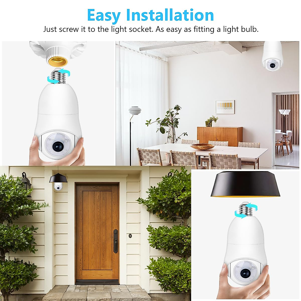 Light Bulb Security Camera, 2K 360° Pan Tilt WiFi Security Camera Indoor Wireless Outdoor Color Night Vision 24/7 Motion Tracking Detect Pet Dog Cam 2-way Talk SD/Cloud Storage Home Security Outside