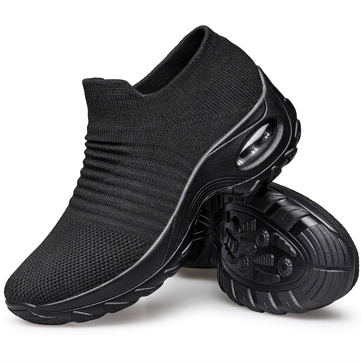 YHOON Women's Walking Shoes - Sock Sneakers Slip on Mesh Platform Air Cushion Athletic Shoes Work Nurse Comfortable Black 7