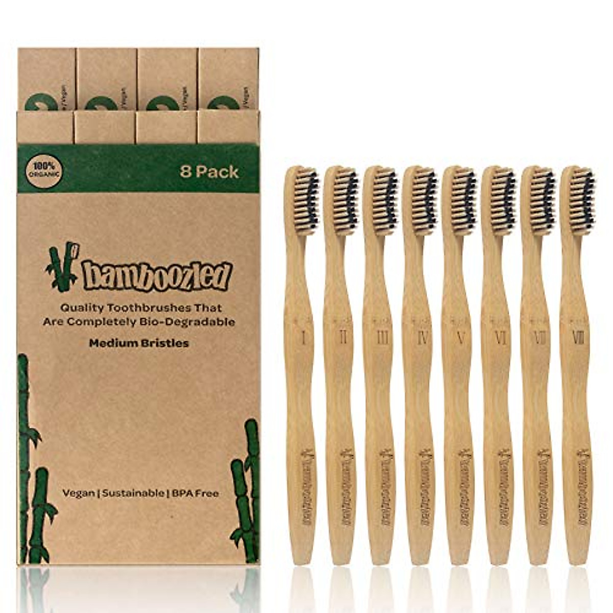 Bamboozled | Bamboo Toothbrush | Charcoal Infused BPA Free Medium Bristles | Organic & Sustainable | Biodegradable & Eco-Friendly | Set of 8 | The Natural Way to Whitening Your Teeth