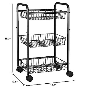 SONGMICS 3-Tier Metal Rolling Cart, Storage Cart with Removable Baskets, Utility Cart with Wheels and Handle, for Kitchen, Bathroom, Laundry Room, Black, UBSC03BK