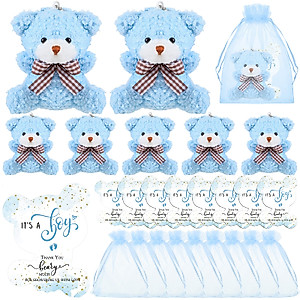 Sasylvia 25 Set Bear Baby Shower Favors for Guest 25 Mini Plush Toy Bear Tiny Bear Keychains 25 Thank You Tags 25 Organza Bag (Boy)