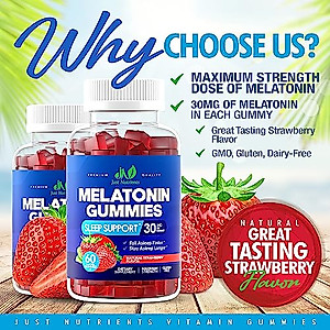 Melatonin 30mg Gummies for Adults (60 Servings) - Maximum Strength Sleep Gummies with 30mg of Melatonin Per Gummy - Gluten-Free, Non-GMO, 100% Vegetarian, Great Tasting Strawberry Flavor - 60 Gummies