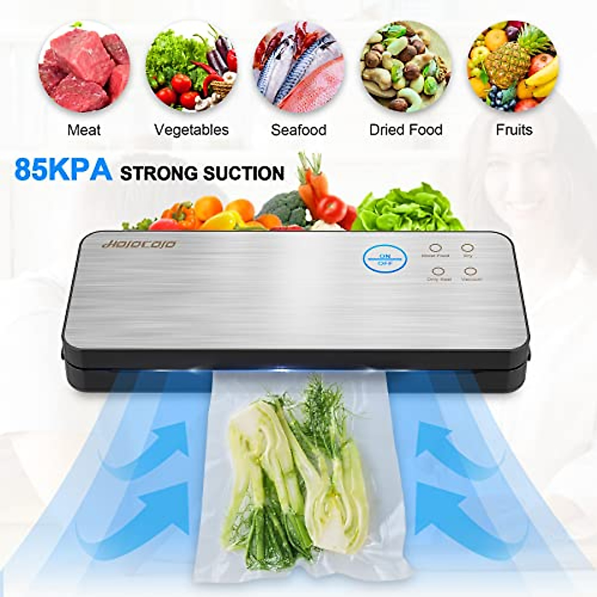 Vacuum Sealer, 85 Kpa Full Automatic Food Sealer, Consective Seals 50 Times, With Cutter & Bag Storage, 5 in 1 Compact Vacuum Sealer Machine for Food, LED Indicator Light, Full Starter Kit [2022 Best]