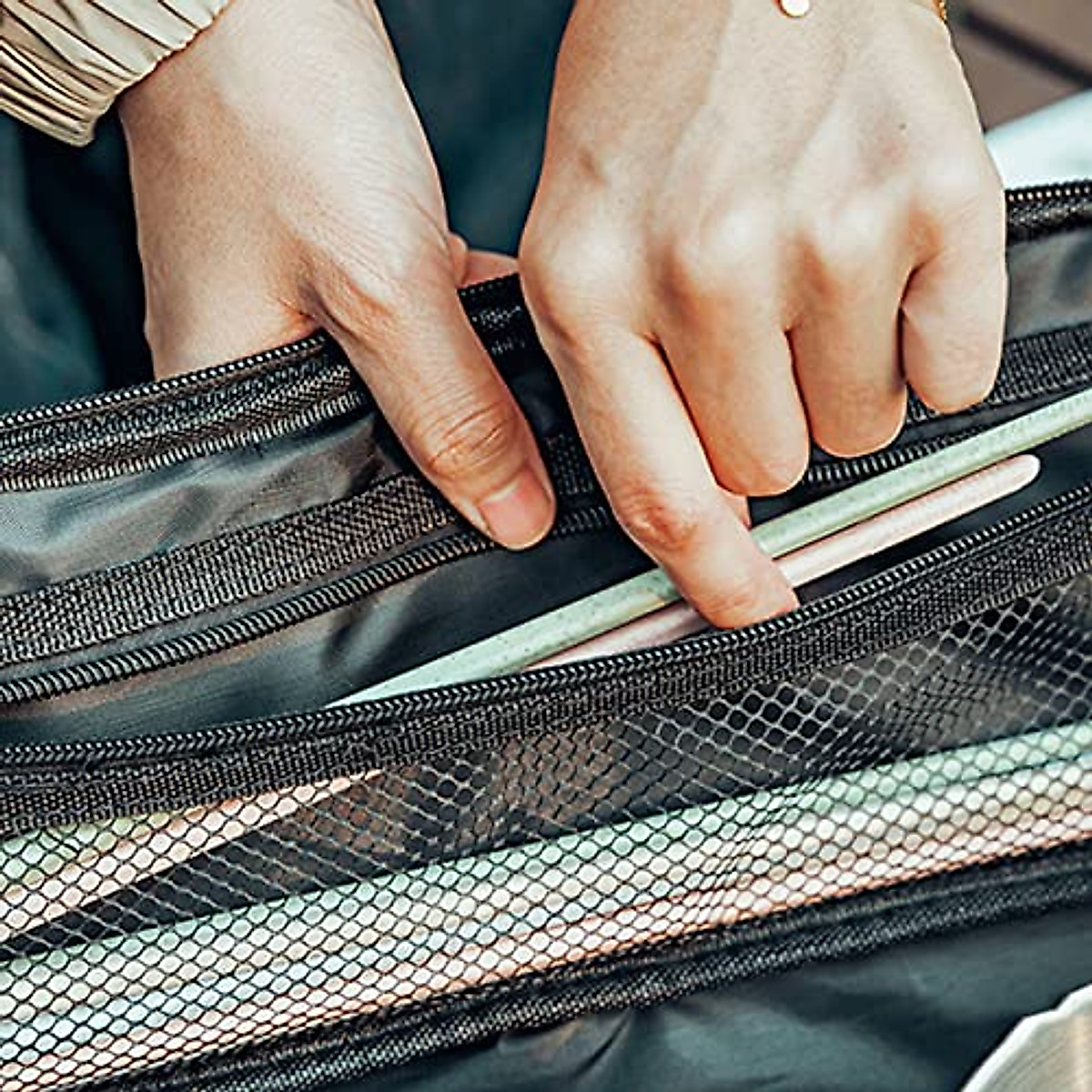 Camping Utensil Bag, Multipurpose Thickened Canvas Net Pocket Cover Green Stripe Camping Tableware Storage Bag for Travel