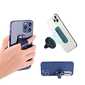 Hualing Metal Cell Phone Finger Ring Stability Holder Back Stand Collapsible Stainless Steel + Real Leather Hand Grip Universal for iPhone Samsung Galaxy Mobile (Blue), SSL