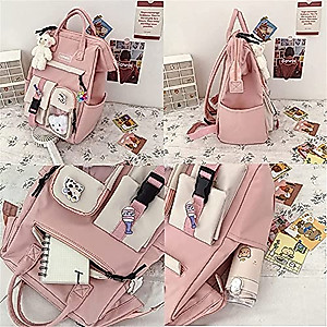 Skyearman Kawaii Backpack with Kawaii Pin Bear Pendant and Pencil Pouch Cute Backpack for Girls Kawaii Schoolbag Aesthetic Backpack, Pink