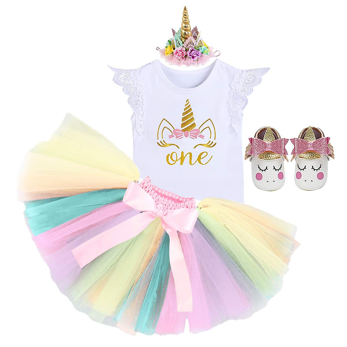 FMYFWY Baby Girls Unicorn Cake Smash 1st Birthday Princess Outfits Cotton Romper Rainbow Tutu Skirt Unicorn Headband Shoes White L