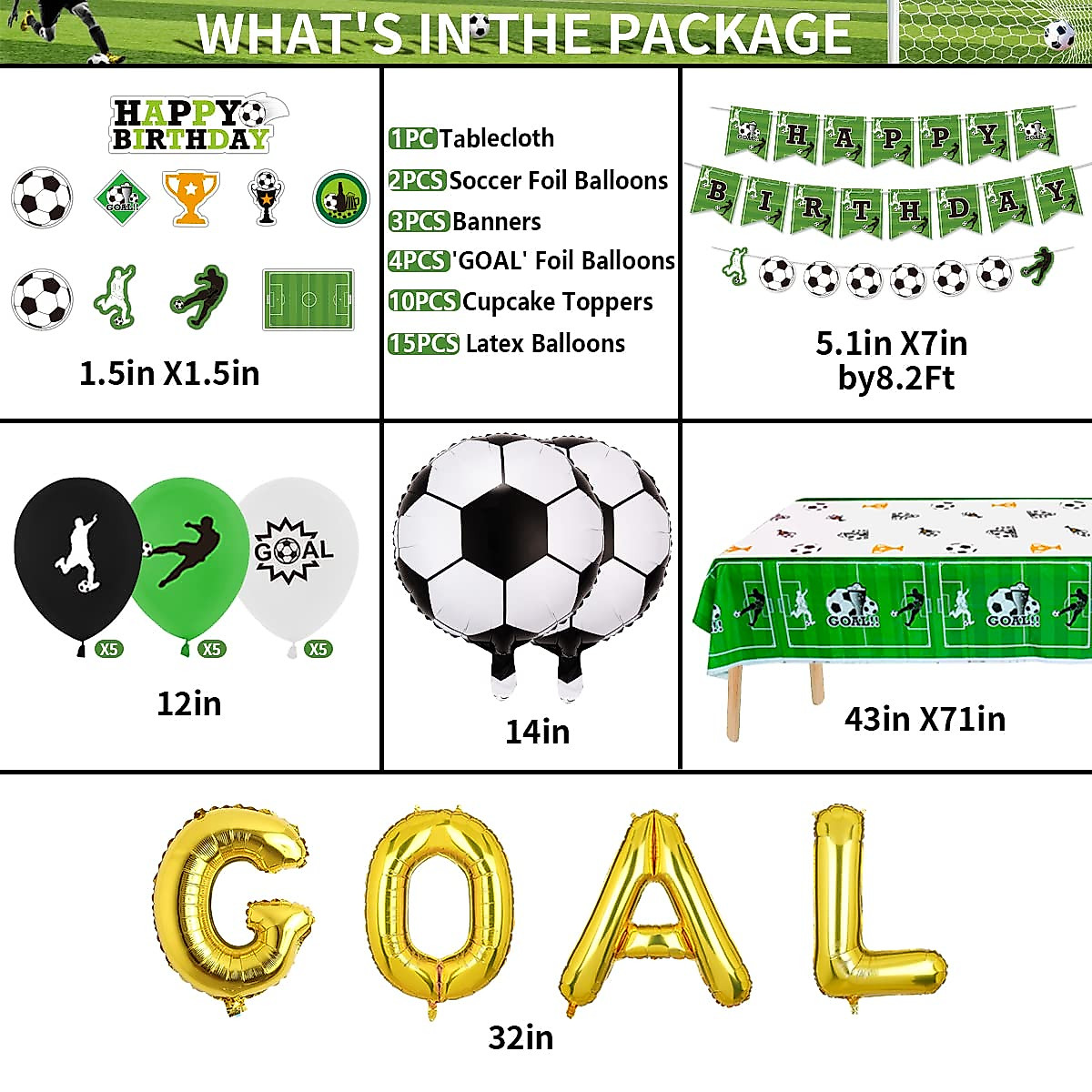 Soccer Party Supplies - 3 Set Soccer Themed Happy Birthday Banners, 1 Table Cloth, 10 Cake Toppers and 15 Soccer Theme Balloons Decorations for Kids and Soccer Fans Birthday Party