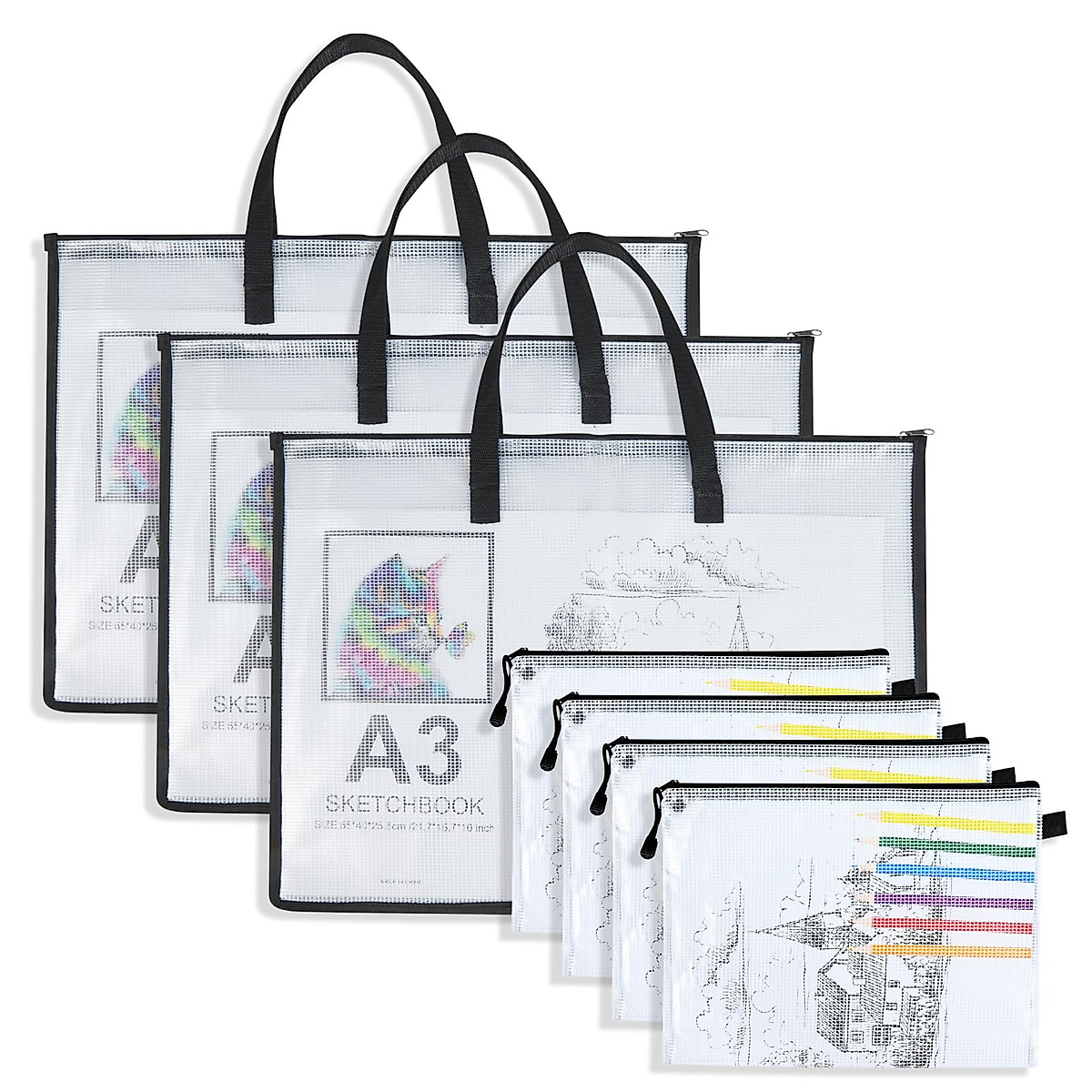 TOTiyea Art Portfolio Bag with Handle and Zipper Set, 15.75 x 21.65 Inches 3 Pcs & 9.25 x 12.6 Inches 4 Pcs, Large Clear Waterproof Poster Storage Bag for Artworks, Drawing Pads Supplies丨Multipurpose