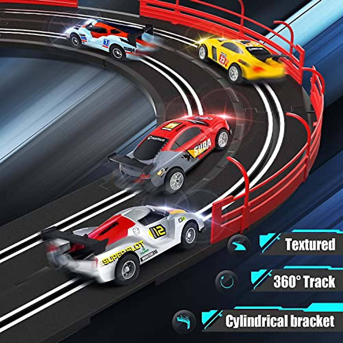 Electric Racing Tracks for Boys and Kids Including 4 Slot Cars 1:43 Scale with Headlights and Dual Racing, Race Car Track Sets with 2 Hand Controllers, Gift Toys for Children Over 8 Years Old