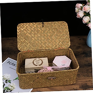 Straw Storage Basket with Lid Rattan Woven Desktop Organizer for Clothes Sundries and Home Decor