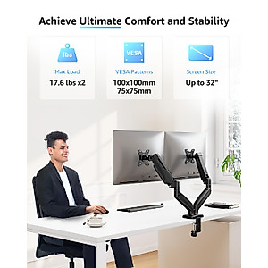 MOUNTUP Dual Monitor Mount for 17-32’’ Monitors, Double Monitor Arm Desk Mount Holds 4.4-17.6 lbs, Adjustable Computer Monitor Stand, 100x100/75x75mm VESA Mount, C Clamp/Grommet Base for 2 Screens