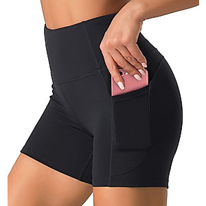 Dragon Fit High Waist Yoga Shorts for Women with 2 Side Pockets Tummy Control Running Home Workout Shorts(Medium, Black)