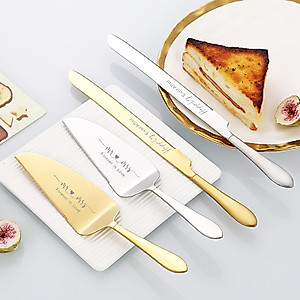 ROXBURGH Wedding Cake Knife and Server Set, Engraved Mr and Mrs Gold Forks Cake Cutting Set Pie Dessert Servers for Wedding Anniversary Bridal Shower Engagement