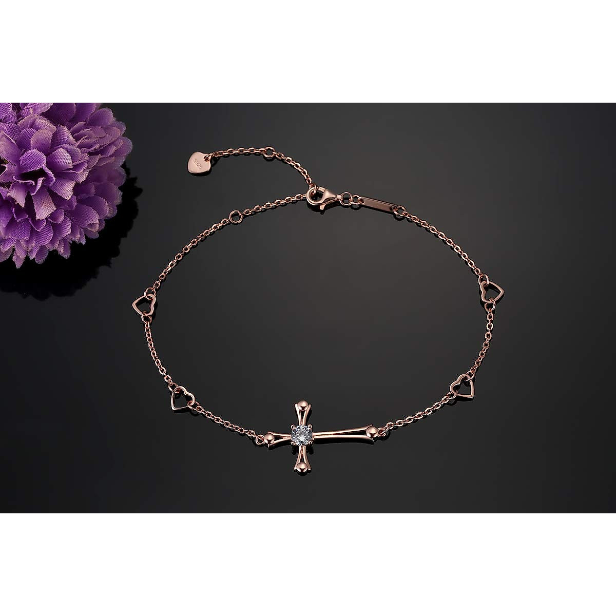 Cross Ankle Bracelet For Women, 925 Sterling Silver Charm Adjustable Foot Anklet, Large Cross Bracelet (Rose Gold One Cubic Zirconia Cross)