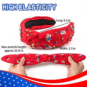 Gushu 4th of July Headband for Women, Fourth of July Red Knotted Patriotic Headband, Wide Top Knot Hair Band with Rhinestones, Beads and American Flag Charms, Memorial Independence Day Party Favors