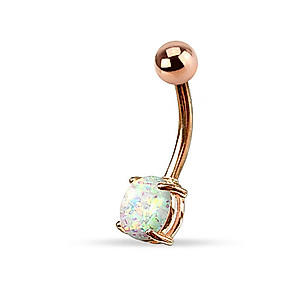 FIFTH CUE 14G Opal Glitter Prong Set Rose Gold IP Over 316L Surgical Steel Belly Button Ring (White)