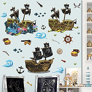 4 Sheet Pirate Ship Wall Sticker Shipwreck Wall Decal DIY Self-Adhesive Waterproof Waves Treasure Fish Hook Pearl Coral Reef Wall Art Decoration for Kitchen Bathroom Kids Boys Bedroom Playroom Nursery (A)
