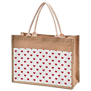 Jute Burlap Tote Love Hearts Watercolor Valentine's S Day Red White Large Beach Bag Reusable Grocery Shopping Storage Bag