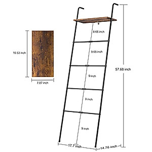 YBING Blanket Ladder 5 Layer Wall-Leaning Ladder Rack with Shelf Decorative Ladder Shelf Metal Leaning Towel Ladder Rack for Blankets or Towels for Living Room Bathroom Rustic Black