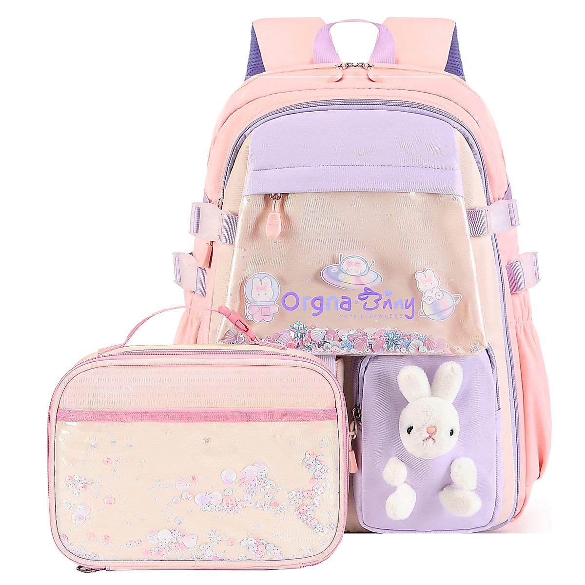 nine-tailed fox Bunny Backpack for Girls,Cute Backpack With Lunch Bag Kindergarten Preschool Elementary School Bookbag Set (Lunch Bag Sets Pink)