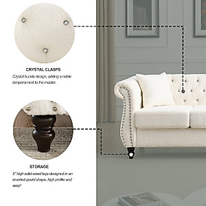 Xozor 80" Chesterfield Sofa,3 Seater Sofa Tufted Couch Upholstered Sofa Couch,with Rolled Arms and Nailheads,Two Pillows, for Living Room, Bedroom, Office, Apartment. Teddy White