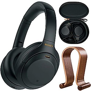 Sony WH1000XM4/B Premium Noise Cancelling Wireless Over-The-Ear Headphones Bundle with Deco Gear Wood Headphone Display Stand and Protective Travel Carry Case