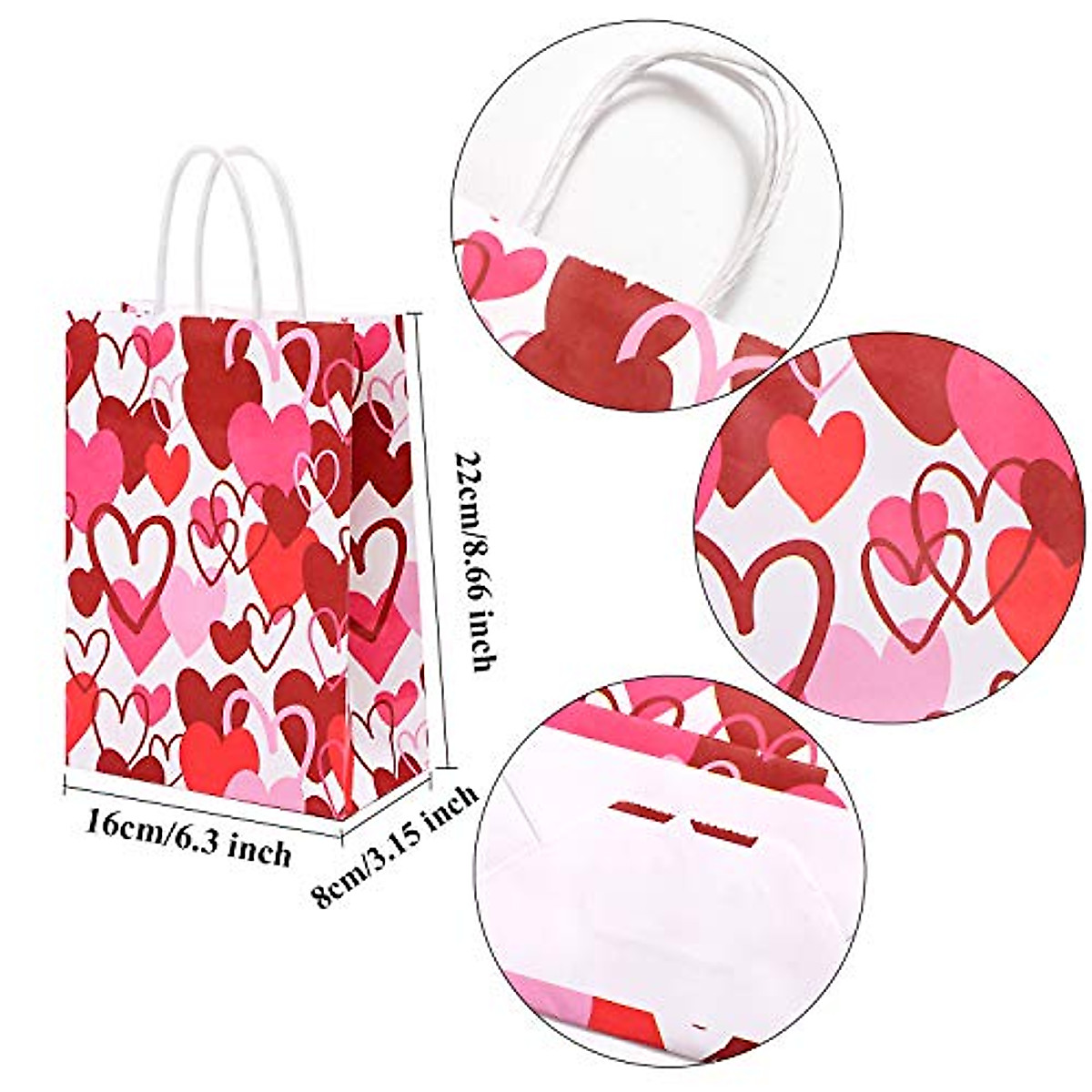 Cooraby 20 Pieces Valentines Day Paper Bags Valentine's Day Party Kraft Bags Paper Red and Pink Color Hearts Bags with Handle for Party Favors