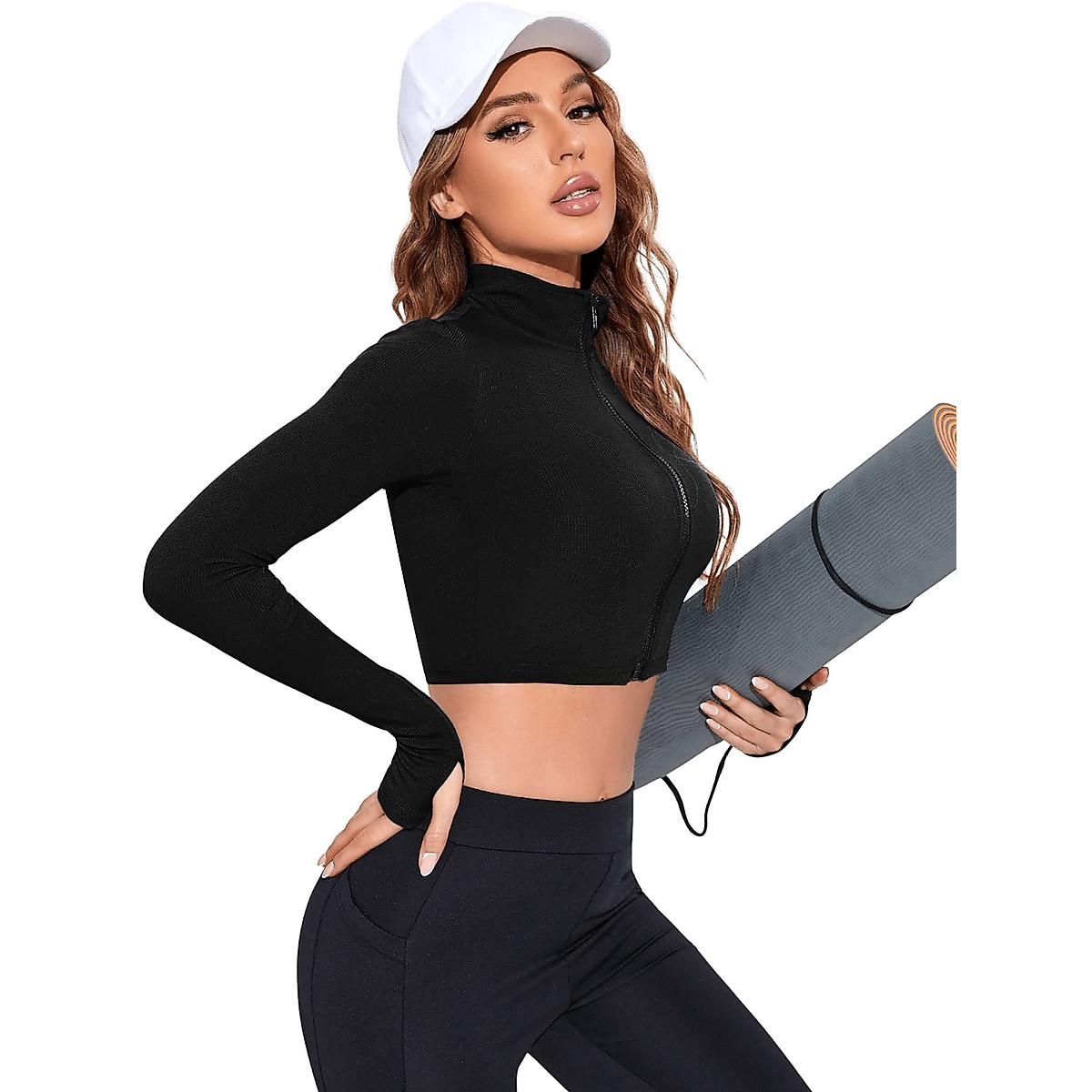 SweatyRocks Women's Long Sleeve Stand Collar Zip Up Crop Top Stretchy Sports Jacket Activewear Black S