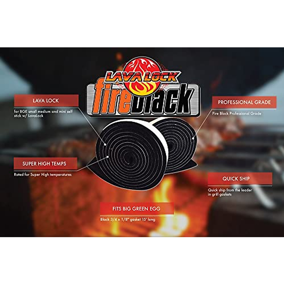 FireBlack34 for Big Green Egg Small Medium & Mini 3/4 x 1/8 Black Hi Temp BBQ Smoker Gasket 15 ft