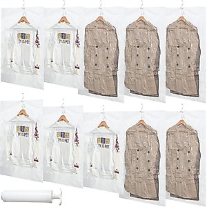 Shappy 10 Pcs Hanging Vacuum Storage Bags for Space Clothes Seal Saver with 1 Hand Pump, 5 Long 53'' x 27.6'', Short 43.3'' 27.6'' Clear Suits Dress Jackets Coat Closet Organizer