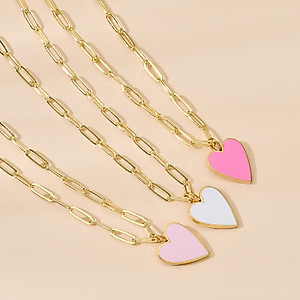 Pink Heart Necklaces For Women Trendy Hot Pink Necklace Preppy Jewelry Necklaces Heart Pendent Necklace Pink Jewelry Outfit For Women Paperclip Chain Necklace Pink Dress Accessories Red Heart Necklace