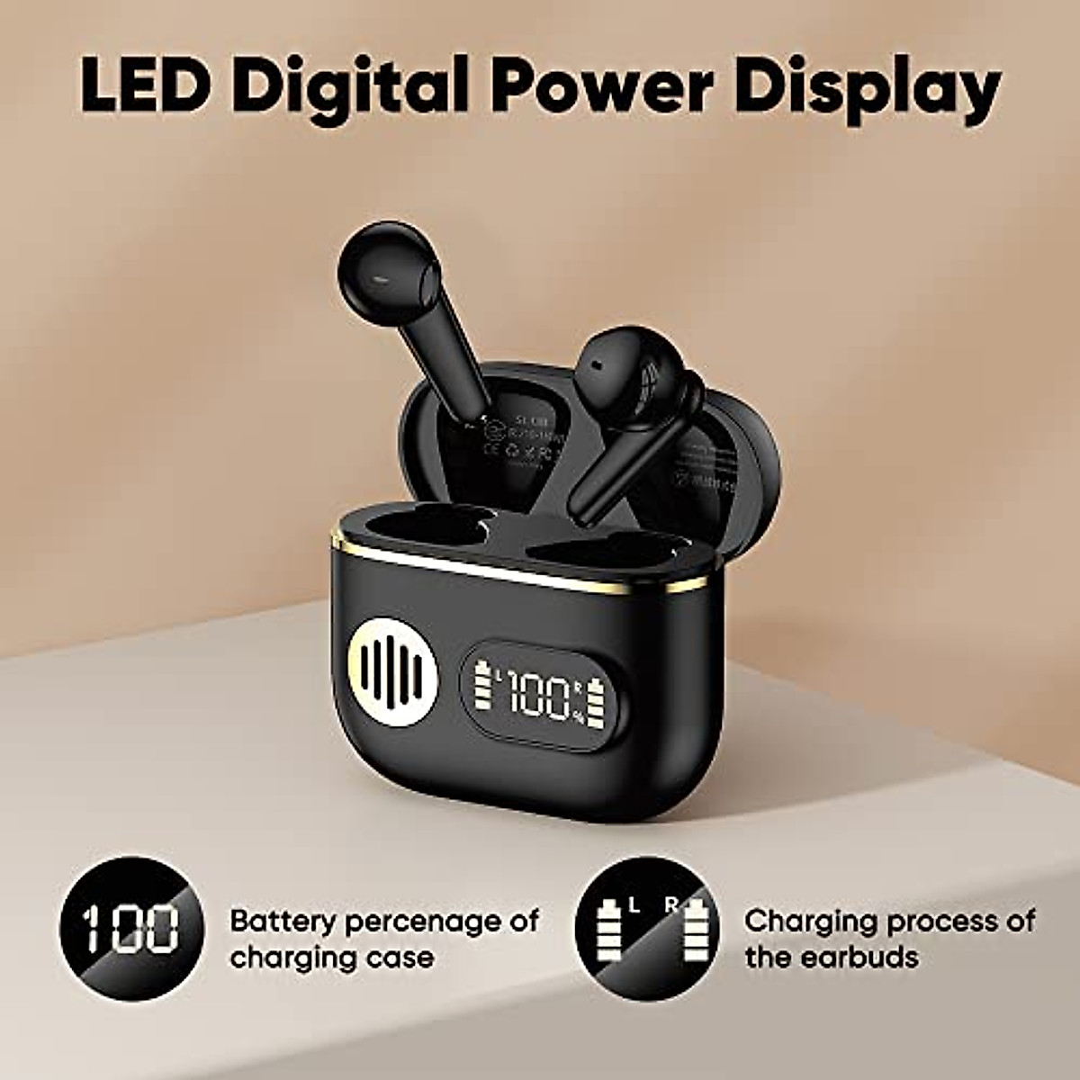 Wireless Earbuds, Bluetooth 5.3 In-Ear Earphones with LED Power Display Charging Case, Stereo Sound Headset with Mic, Bluetooth Cordless Headphones for Android iOS Cell Phone Sports Working-Black