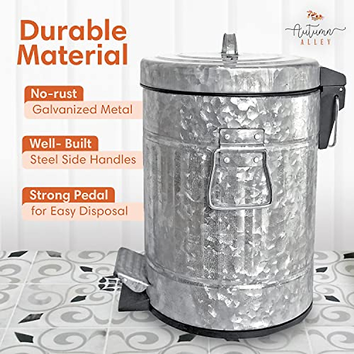 Autumn Alley Farmhouse Bathroom Trash Can - Galvanized Trash Can with Lid and Pedal for Rustic Bathroom, Farmhouse Kitchen Trash Can, Country Home Décor, 5L, 1.3 Gallon, Galvanized Grey
