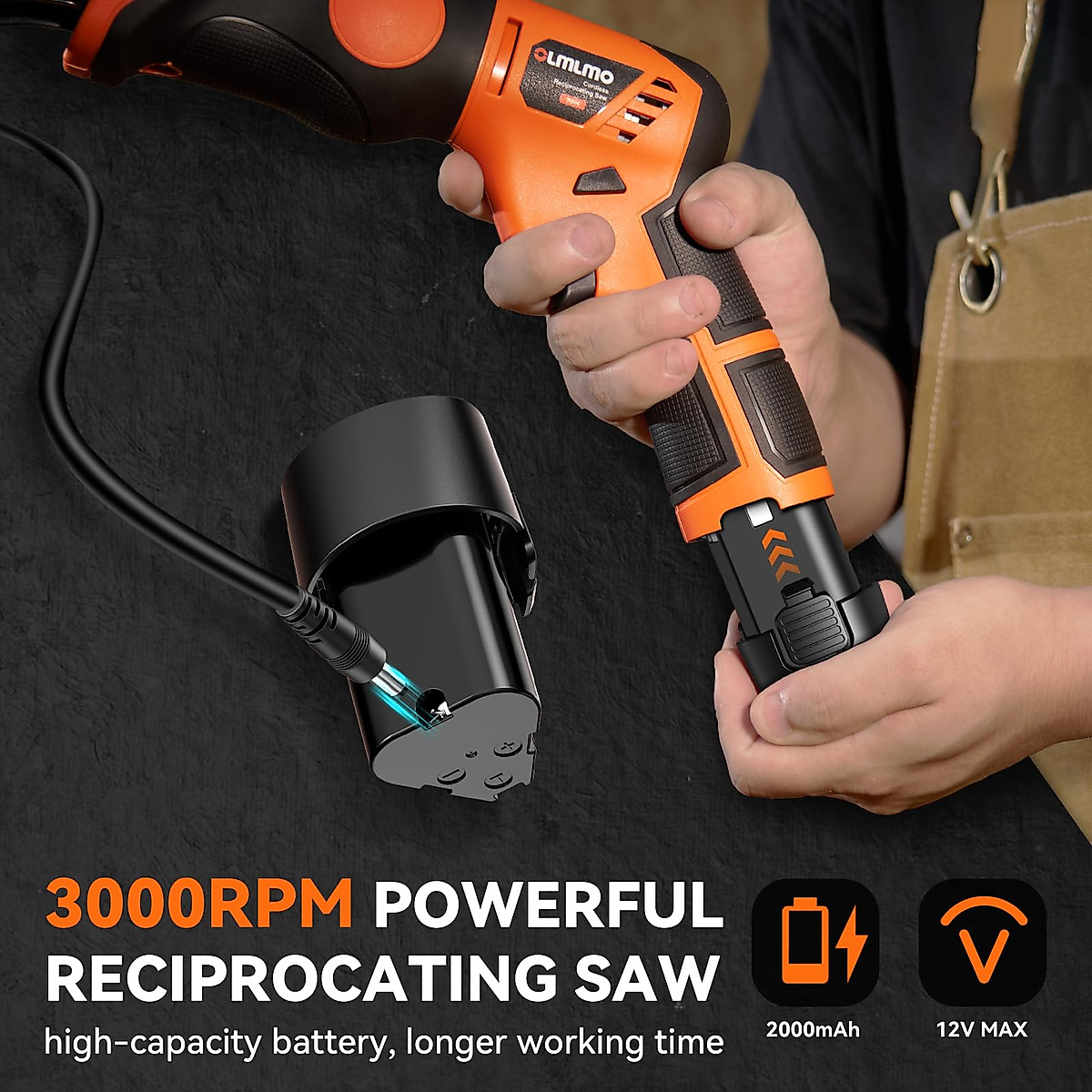 Reciprocating Saw Cordless, 12V Power Reciprocating Saw with 2 * 2000 mAh Battery, 3000SPM 13mm Reciprocating Stroke, 8 Tool-Free Saw Blade Change Reciprocating Saw for Wood Metal PVC DIY Cutting