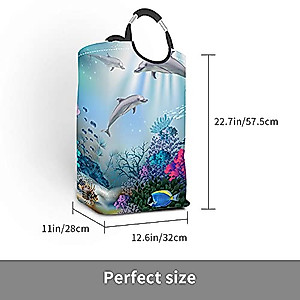 Wondertify Underwater World Laundry Hamper Dolphins Plants Blue Ocean Bottom Aquatic Algae Fish Clothes Basket With Easy Carry Handles For Clothes Organizer Toys Storage