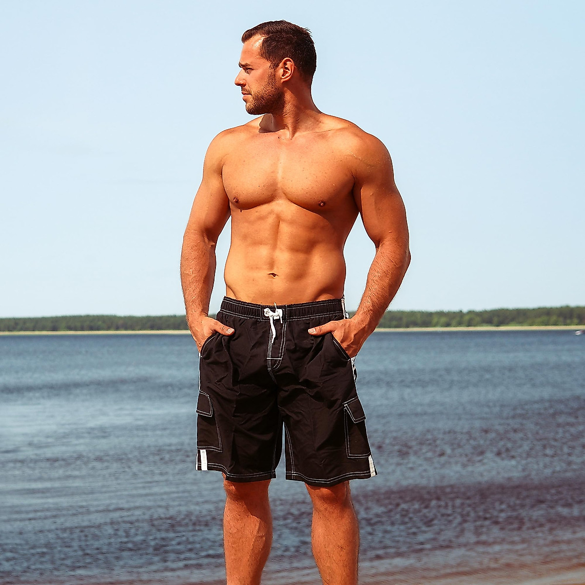 NORTY Men's Swimsuit Trunks - Swim Shorts for Beach, Boat, and Watersports - Drawstring Waist and Cargo Pockets - Navy, Large