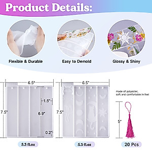 LET'S RESIN Bookmark Resin Molds Silicone 1.5'' Wide, Blank and Cat Moon Pattern Silicone Bookmark Molds Kit with 20pcs Tassels, Rectangle Bookmark Molds for Epoxy Resin Casting Crafts